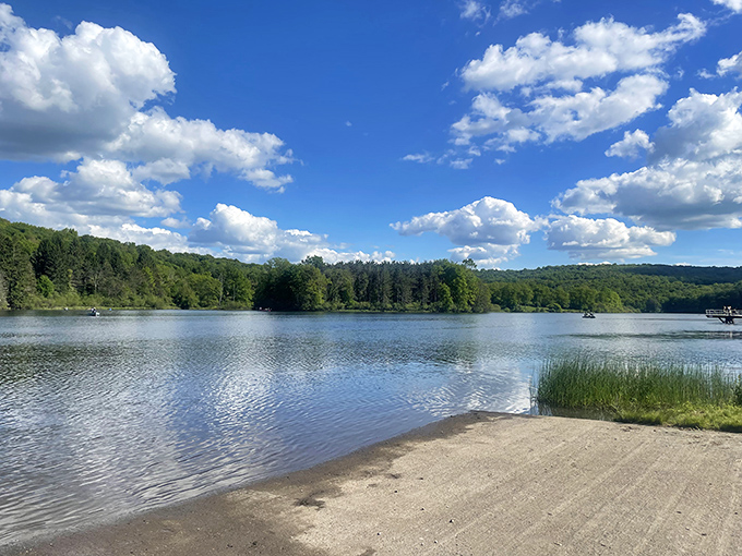 Mother Nature's mirror game is strong here&mdash;the lake surface reflects clouds so perfectly you might forget which way is up.
