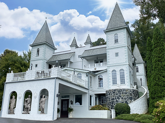 Fairy tales aren't just for storybooks! This gleaming white castle with its dramatic spires looks like it was plucked straight from medieval Europe and dropped into the Blue Ridge Mountains.
