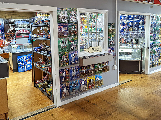 A collector's paradise awaits! This sports memorabilia section at Palmetto Peddlers is where childhood heroes live forever in trading cards and figurines.