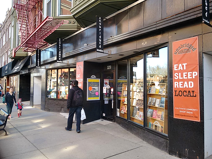 Unabridged Bookstore nestles beneath classic Chicago architecture, its storefront a literary beacon on North Broadway. The perfect urban hideaway for bibliophiles.