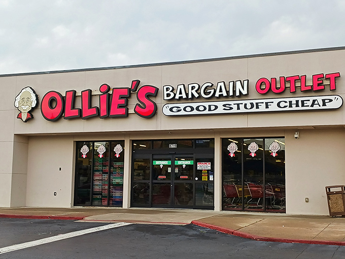 The iconic red and white Ollie's sign beckons bargain hunters like a retail lighthouse, promising treasures within that would make even the most frugal grandmother giddy with excitement.