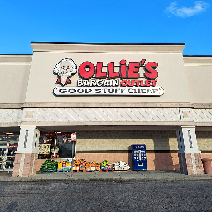 The iconic Ollie's storefront promises "Good Stuff Cheap" – a slogan that's less marketing hype and more mathematical certainty in this bargain hunter's paradise.