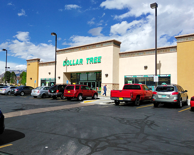 The desert sun gleams off Dollar Tree's iconic green signage, a beacon of budget-friendly possibilities against New Mexico's brilliant blue sky.