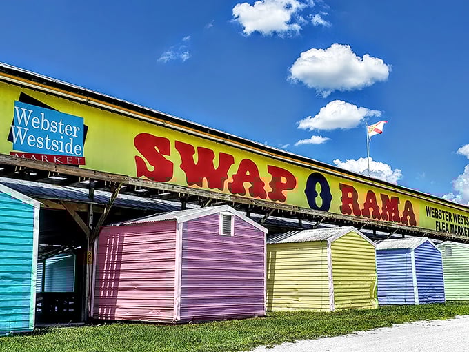 The rainbow-colored stalls of Swap-O-Rama pop against Florida's blue sky like a Wes Anderson film set come to life.
