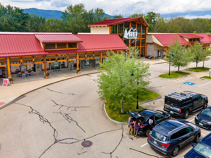 REI's distinctive red-roofed outpost stands ready to outfit adventurers before they hit the nearby trails. Shop first, conquer wilderness later.