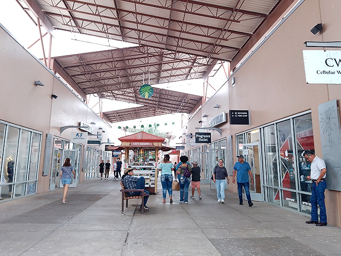 The covered walkways of Rio Grande Valley Premium Outlets offer shoppers a respite from the Texas sun while they hunt for bargains.