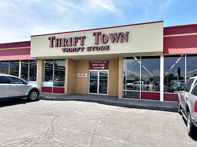 The unassuming storefront of Thrift Town belies the wonderland of treasures waiting inside. Like a portal to bargain heaven on Menaul Boulevard.
