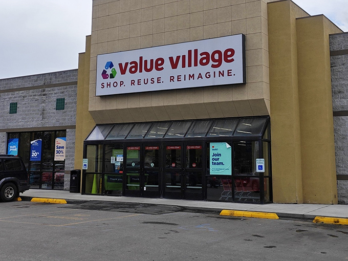 The unassuming facade of Value Village in Fairbanks promises treasure hunting adventures within. Like a thrift store speakeasy, only the initiated know what wonders await inside.