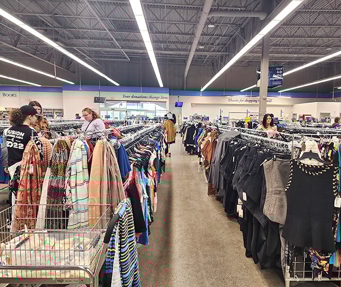 Treasure hunters navigate the clothing labyrinth, where yesterday's fashion finds new admirers and wallets breathe sighs of relief.