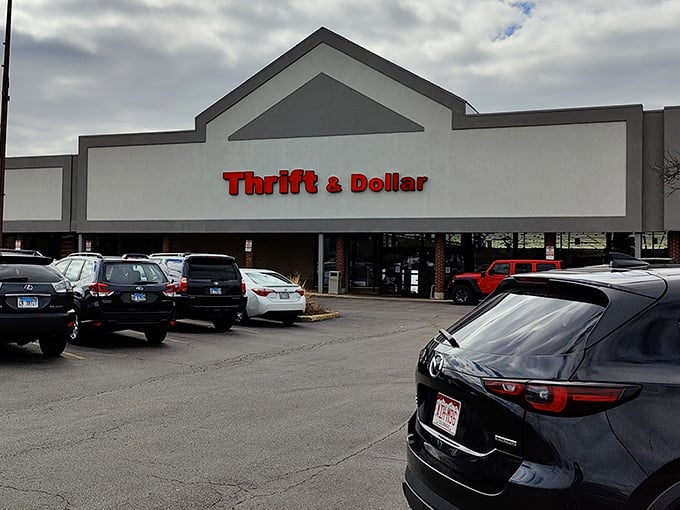 The unassuming exterior of Thrift & Dollar Inc belies the treasure trove within, like a poker player with a royal flush maintaining a perfect poker face.