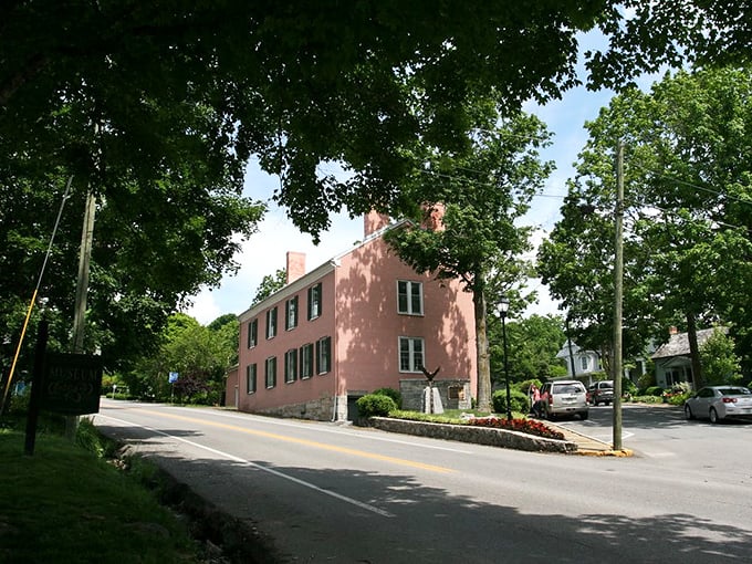 This salmon-colored historic building stands as proof that retirement in Lewisburg means trading traffic jams for tree-lined streets and mortgage stress for morning strolls.