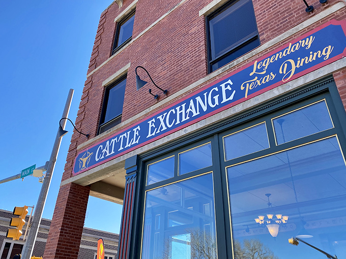 The historic brick fa&ccedil;ade of The Cattle Exchange stands proudly on Canadian's main street, a beacon for hungry travelers seeking authentic Texas flavor.