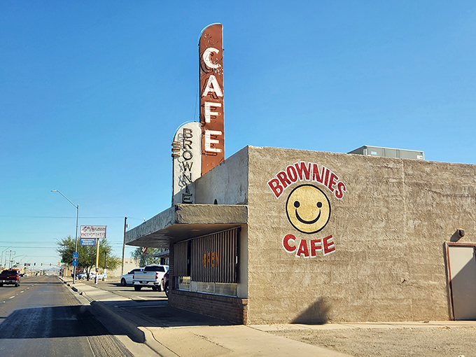 That iconic smiley face logo isn't lying&mdash;Brownie's exterior promises happiness in food form, delivered with a side of nostalgia.