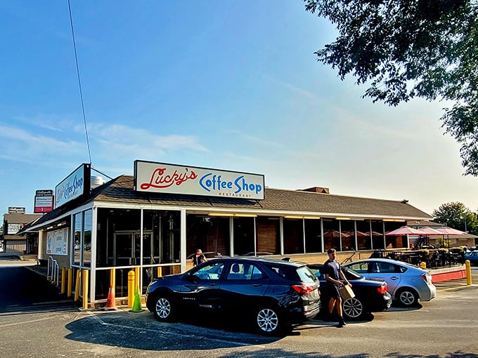 Morning light bathes Lucky's welcoming fa&ccedil;ade, promising comfort food that won't require a second mortgage to enjoy.
