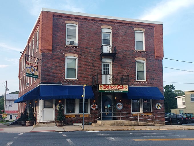The brick fortress of flavor! Deitsch Eck's distinctive blue awnings and historic building have been beckoning hungry travelers to Lenhartsville for generations.