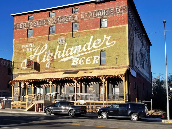 Morning light reveals the preserved architectural details and iconic Highlander Beer mural that makes Casagranda's instantly recognizable in Uptown Butte.