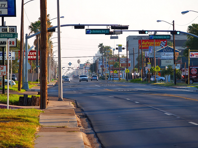 McAllen's commercial corridors stretch toward the horizon, where palm trees stand sentinel over a city that refuses to stop growing.