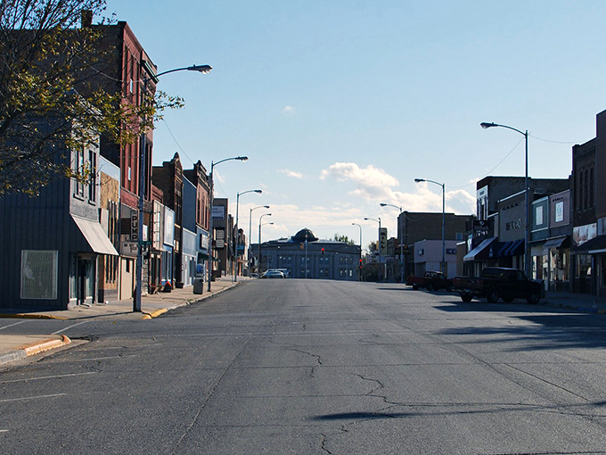 Blue skies frame Milbank's downtown, where traffic jams are when three cars arrive at the stoplight simultaneously.