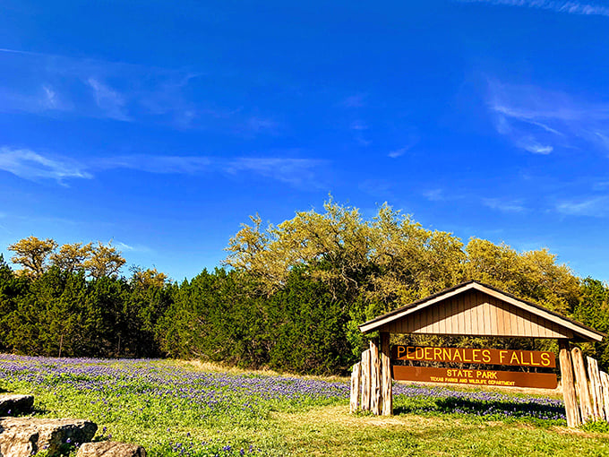 The iconic entrance sign to Pedernales Falls, surrounded by a sea of bluebonnets &ndash; Mother Nature's way of saying "Welcome to paradise, y'all!"
