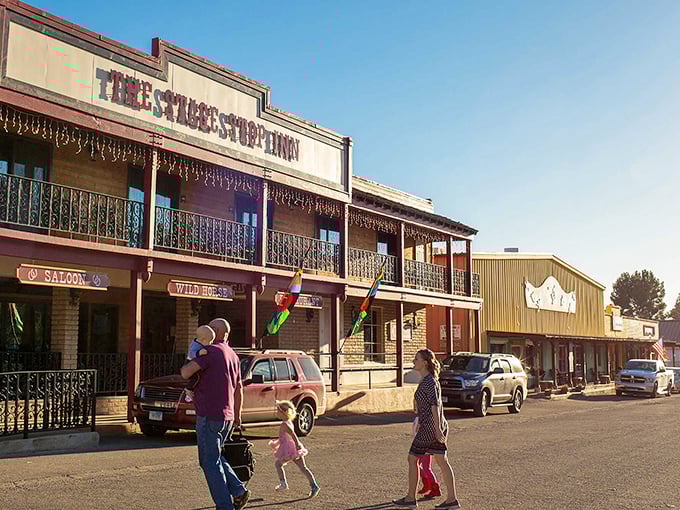 The Stage Stop Inn stands as Patagonia's historic centerpiece, where families stroll past storefronts that haven't changed their fashion sense since the Eisenhower administration.