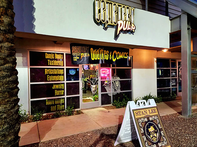 As evening falls, Cemetery Pulp's illuminated storefront beckons curious souls to explore its collection of oddities, comics, and curiosities.