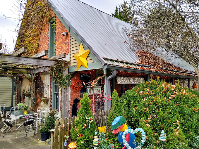 Like something from a storybook, this charming exterior blends whimsical garden art with serious country appeal &ndash; that yellow star isn't just decoration, it's a beacon for comfort food seekers.