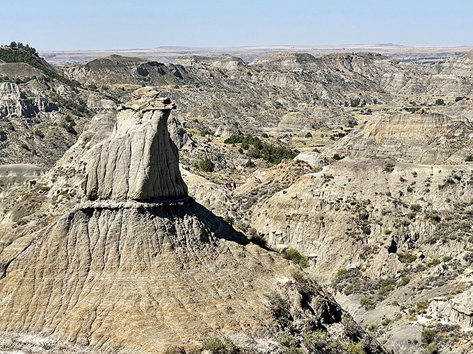 Nature's skyscraper stands defiantly against time. This iconic formation at Makoshika showcases millions of years of geological history in one magnificent stone sentinel.