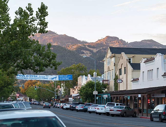 Lincoln Avenue at sunset, where Calistoga's charm is framed by those majestic mountains that look like they were painted by Bob Ross himself.