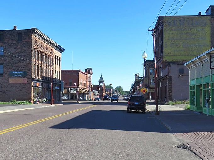 Downtown Calumet's historic buildings stand proudly, each brick telling stories of copper boom glory days.