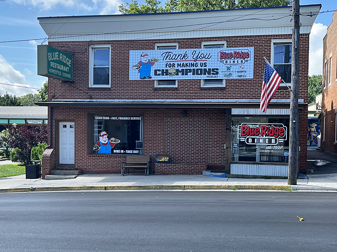 The classic brick exterior of Blue Ridge Diner stands proudly on Floyd's main street, a beacon of breakfast hope for hungry travelers and locals alike.