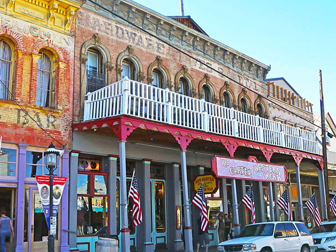 The Red Garter's weathered facade tells a thousand stories &ndash; each brick and baluster a witness to Virginia City's wild silver rush days.