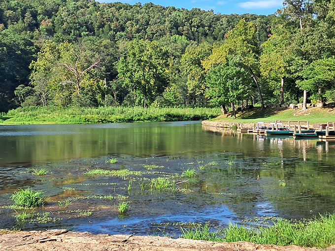 Lake Devil's mirror-like surface reflects the lush Ozark forest, creating nature's own double-take that no Instagram filter could ever improve upon.