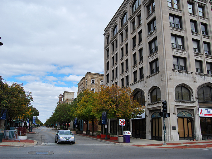 Autumn colors enhance Joliet's historic downtown district, where limestone buildings and tree-lined streets create a charming small-city atmosphere.