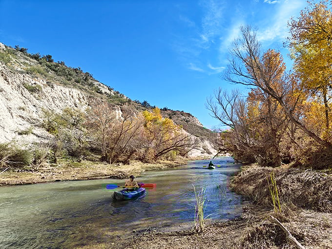 Kayaking the Verde River feels like drifting through a painting &ndash; autumn colors frame the gentle current while limestone cliffs stand guard overhead.