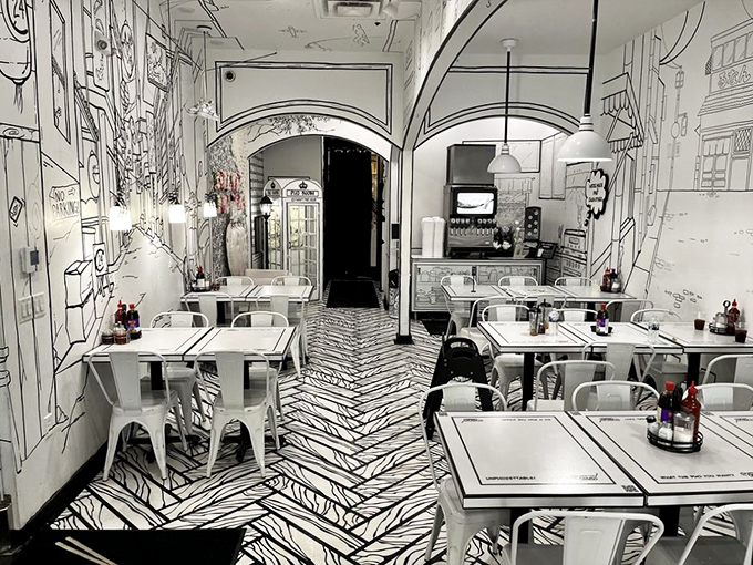 The optical illusion continues throughout the space, making even a simple meal feel like an artistic adventure worth writing home about.