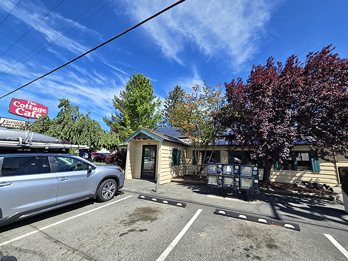 The Cottage Cafe's cheerful yellow exterior stands like a beacon of comfort food promise under Washington's brilliant blue skies.