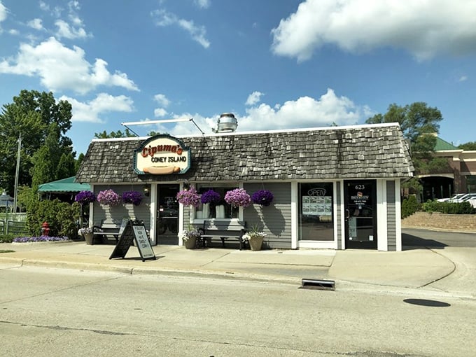 Summer sunshine bathes Lipuma's distinctive shingled roof, while hungry patrons make their pilgrimage to this temple of tubular meat.