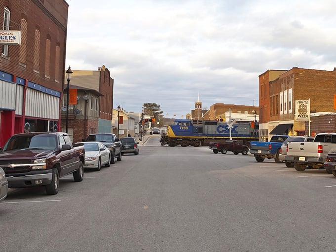 A slice of pure Americana &ndash; a CSX train rumbles through downtown Shoals, where time seems to move at its own leisurely pace.