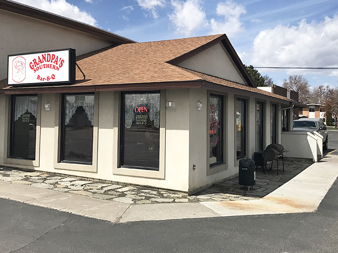 The modest storefront of Grandpa's Southern BBQ stands ready to welcome hungry visitors seeking Idaho's best-kept barbecue secret.