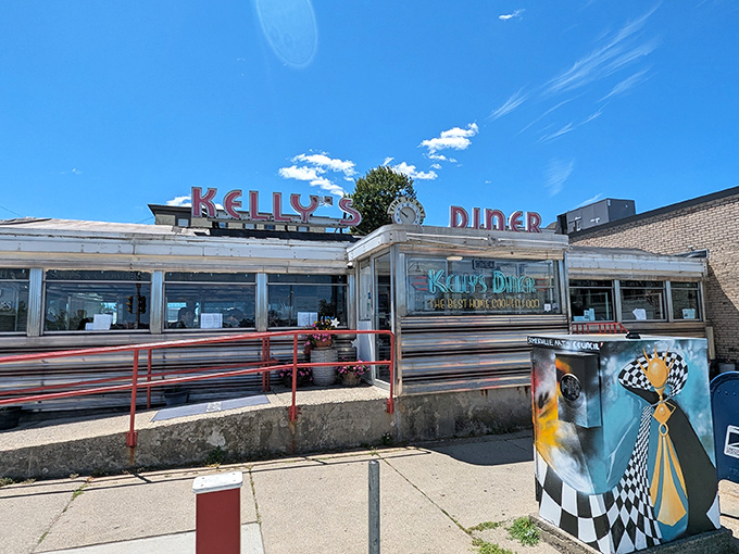 The classic diner silhouette against a perfect blue sky&mdash;Kelly's stands as a chrome-clad monument to America's love affair with breakfast.