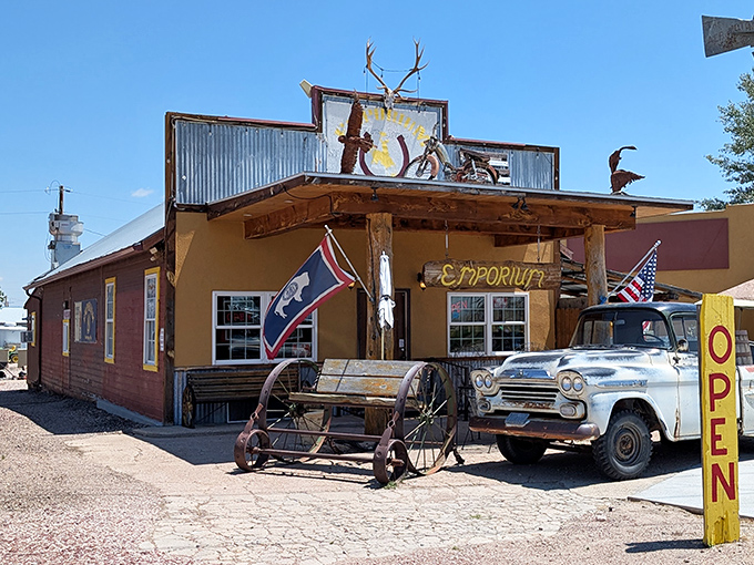 The Wild West still lives at The Emporium, where antlers, corrugated metal, and that vintage truck create the perfect Wyoming welcome. Bring your appetite and sense of adventure!