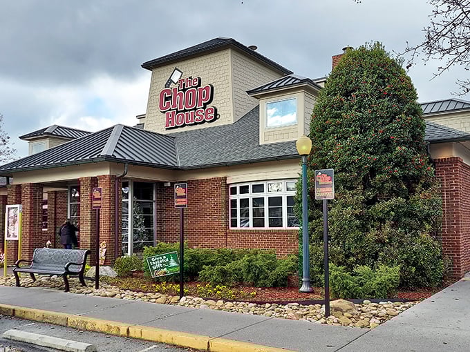 The brick-and-stone exterior of The Chop House stands like a beacon for hungry travelers &ndash; promising carnivorous delights within those welcoming walls.