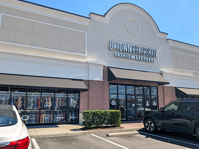 The clean white facade of Uptown Cheapskate beckons like a fashion oasis in the Virginia Beach shopping landscape, promising treasure hunts within.