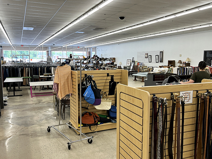 The accessories corner—where belts, bags, and scarves find new life. One person's "I never wear this anymore" becomes another's "Where did you get that amazing purse?"