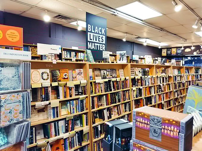 Beneath a "Black Lives Matter" banner, shelves offer perspectives that matter. Literature as mirror, window, and sometimes necessary sledgehammer to ignorance.