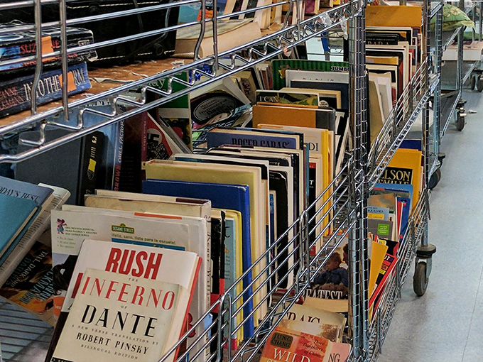 Literary treasures stacked like playing cards. Spot that Dan Brown thriller you missed or the cookbook that might change your dinner game forever.