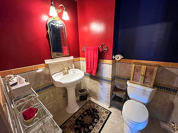 Even the bathroom maintains the medieval aesthetic, because why should your powder room be any less regal?