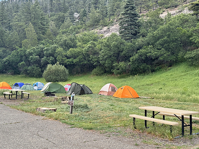 Colorful tents dot the landscape like M&Ms spilled on a green carpet &ndash; camping at Cimarron is both a retreat and a community event.