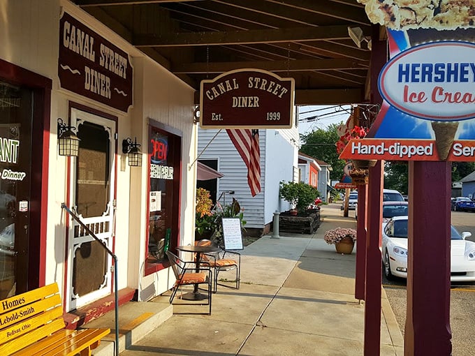 Canal Street Diner's inviting storefront practically whispers "come in for comfort food" to passersby, with rocking chairs that say "stay awhile."