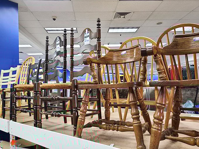 A congregation of wooden chairs with stories to tell. Each one has supported countless family dinners and probably heard all your uncle's bad jokes.